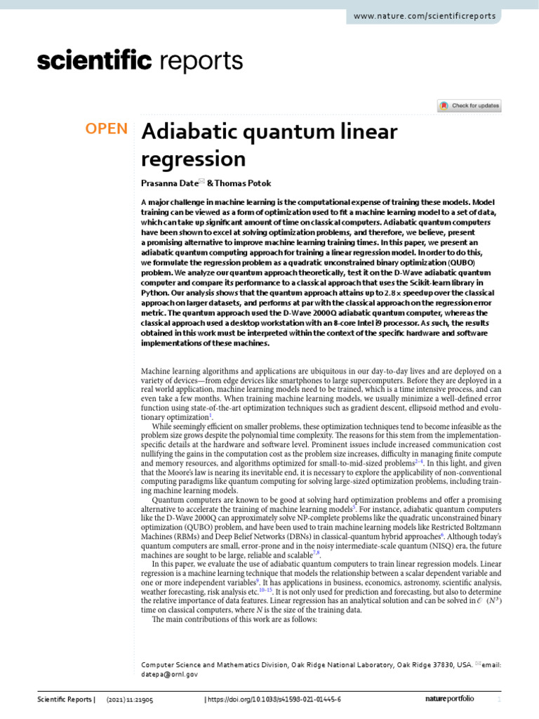 Adiabatic Quantum Linear Regression | PDF | Quantum Computing | Regression Analysis