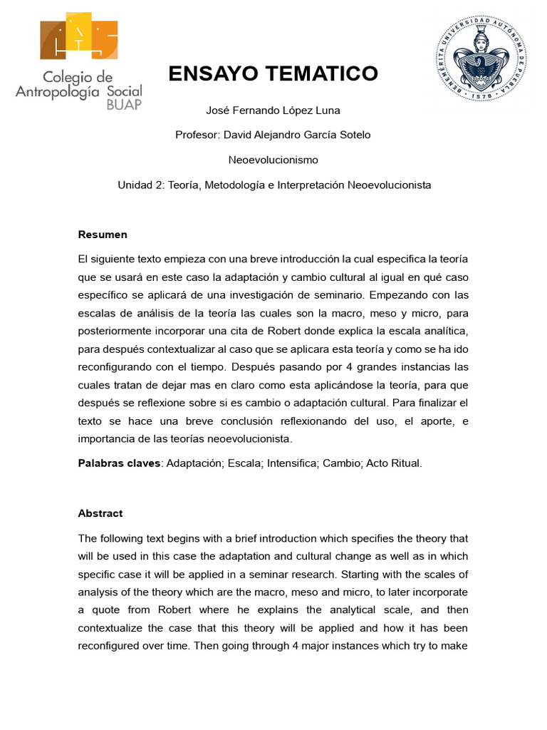 Ensayo 2. Jose Fernando López Luna Neoevolucionismo | PDF | Rituales