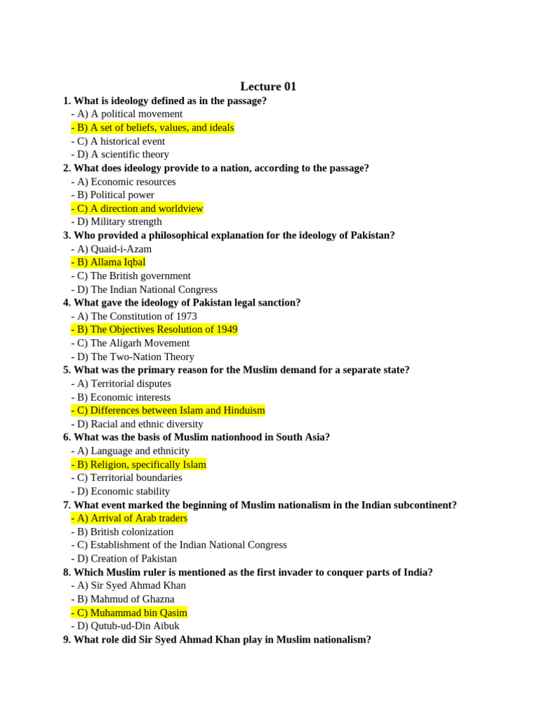 Pak301 Mcqs Files Lecture Wise | PDF | All India Muslim League | Muhammad Ali Jinnah