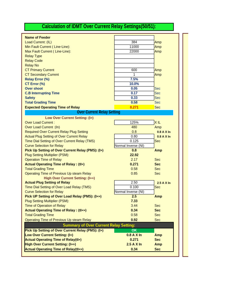 IDMT Over Current - Earth Fault Relay Calculation | PDF | Relay ...