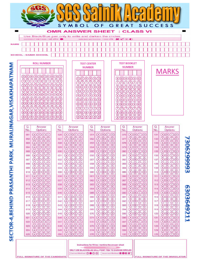 SGS Sainik Academy Final Omr Sheet 1-8 | PDF