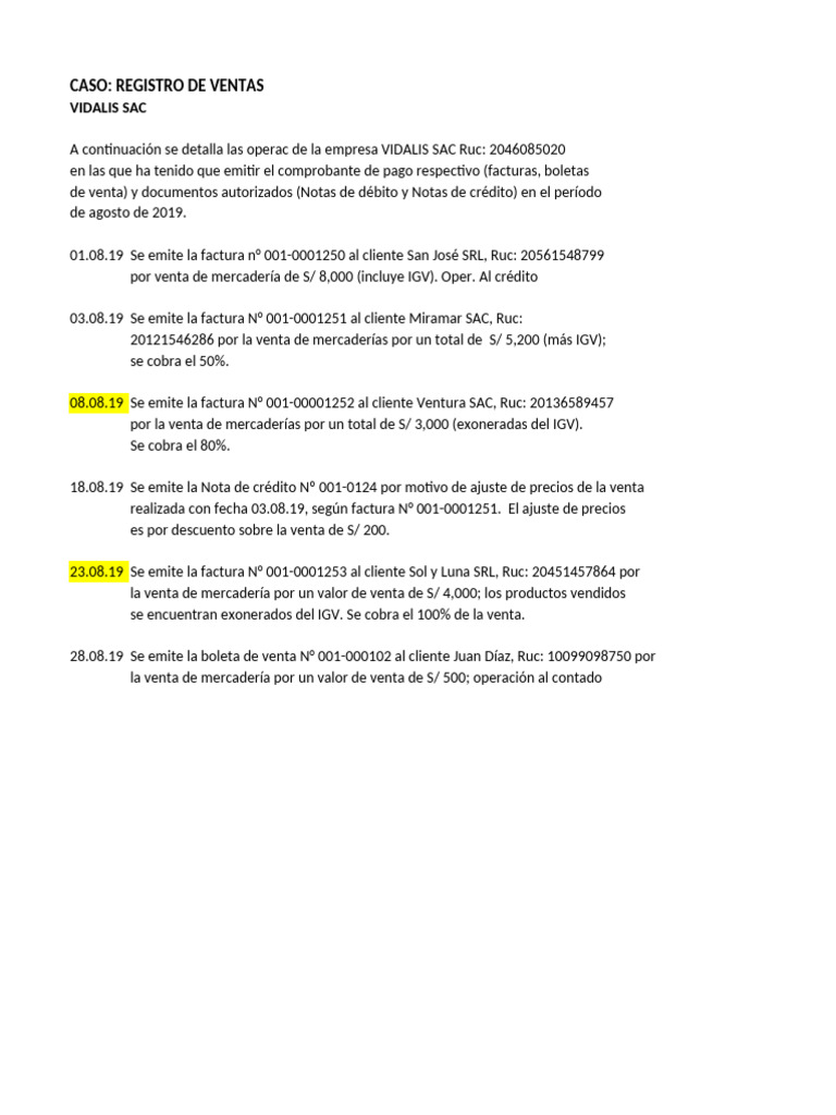 Registro de Ventas de Vidalis SAC - Agosto 2019 | PDF | Business