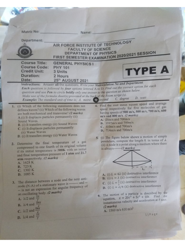 Phy 101 - Exam | PDF