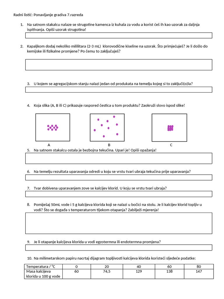 Radni Listić - Ponavljanje Gradiva Kemije VII Razreda | PDF