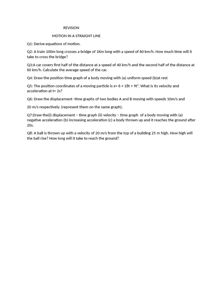 Revision Motion in A Straight Line | PDF