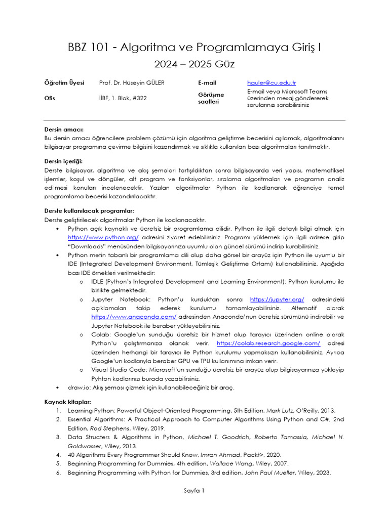 BBZ 101 - Algoritma Ve Programlamaya Giriş I | PDF