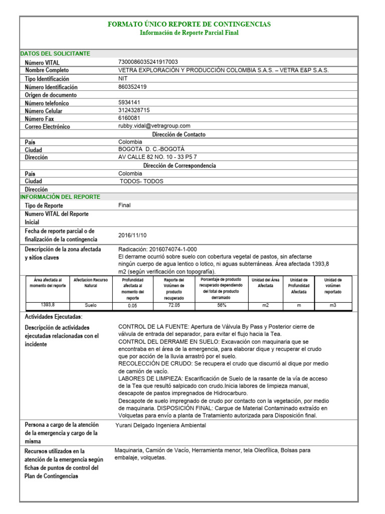 Formato Único Reporte de Contingencias | PDF | Agua | Agua subterránea