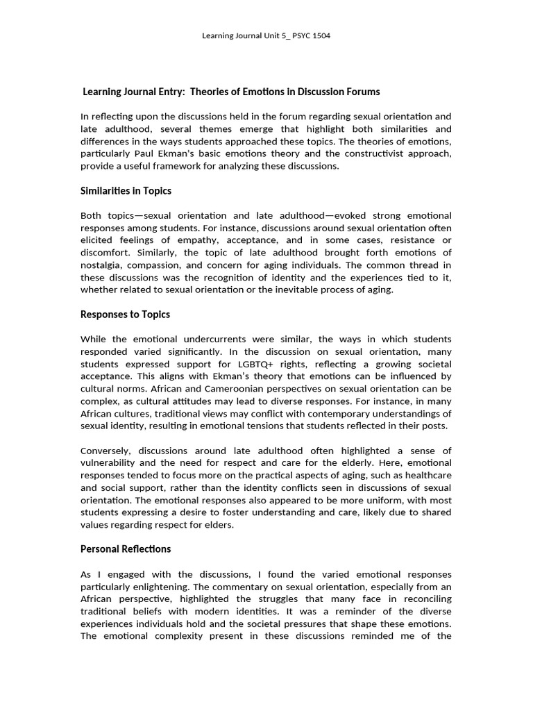 Learning Journal Unit 5 - PSYC 1504 | PDF | Emotions | Sexual Orientation