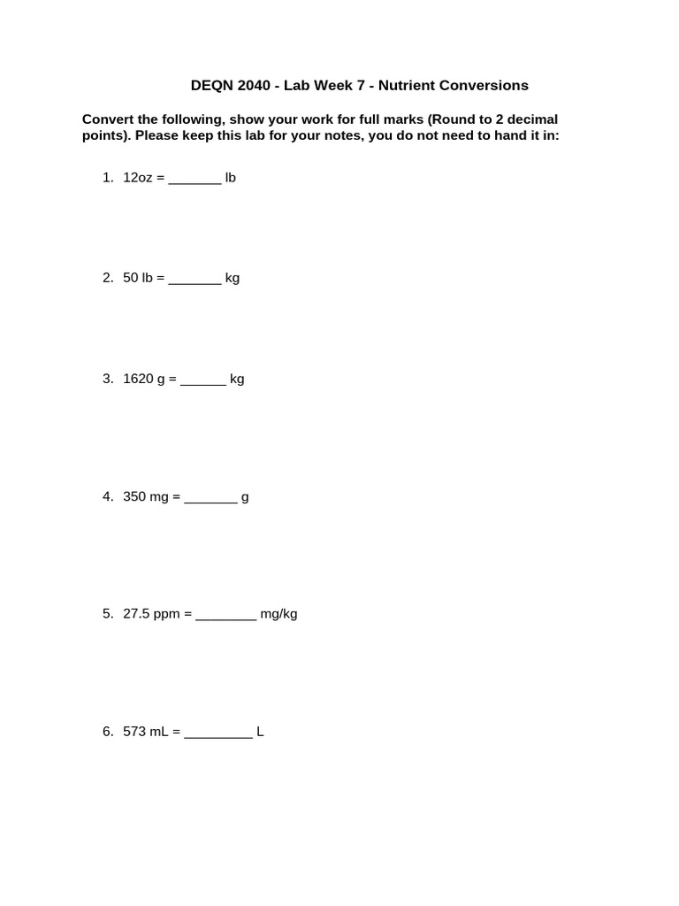 Lab Week 7 - Nutrient Conversions | PDF | Science & Mathematics