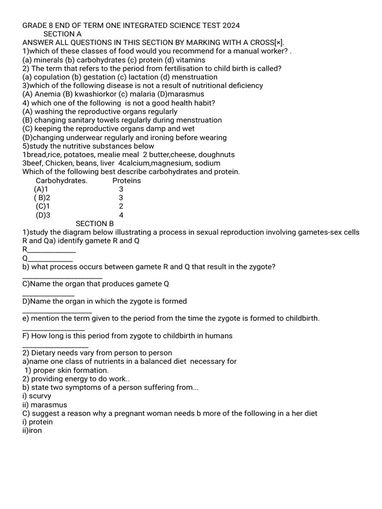Grade 8 Science Test 2024 | PDF | Social Science | Wellness