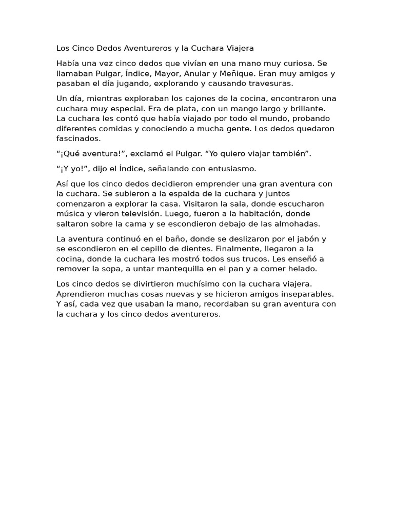 Los Cinco Dedos Aventureros y La Cuchara Viajera | PDF