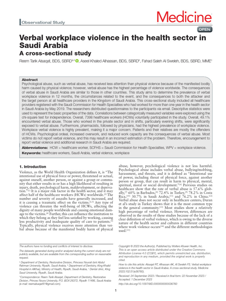 Verbal Workplace Violence in The Health Sector In.22 | PDF | Violence ...