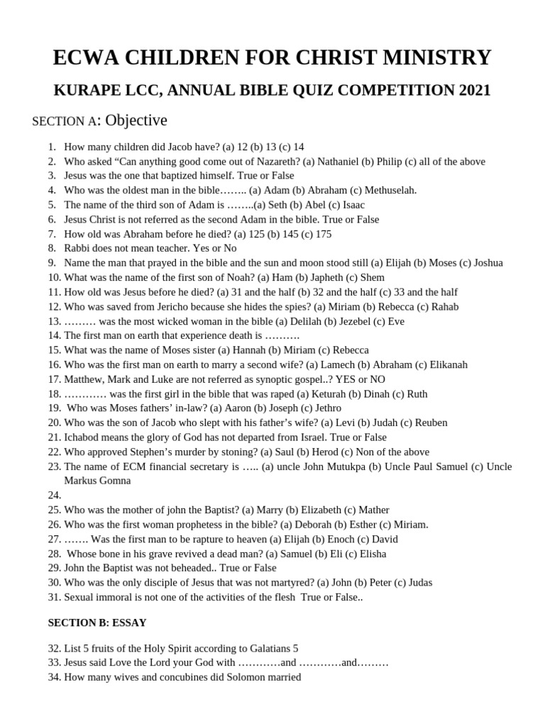 Children For Christ Ministry QUIZ | PDF | Jesus | John The Baptist