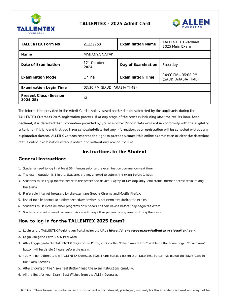 TALLENTEX 2025 Admit Card Details | PDF | Computing | Software