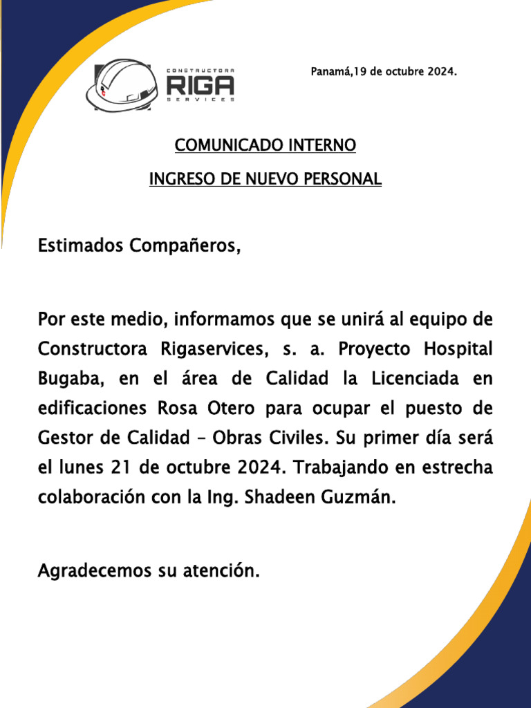 Comunicado Interno - Ingreso de Nuevo Personal | PDF