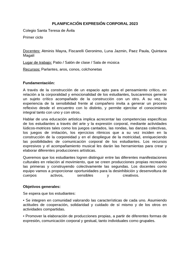 Planificacion 2023 Primer Ciclo Expresion Corporal Pdf Ritmo Bailes