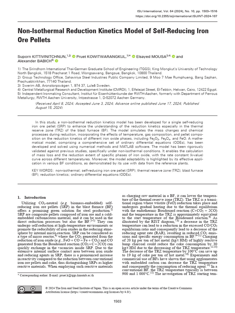 Non-Isothermal Reduction Kinetics Model of Self-Reducing Iron Ore Pellets | PDF | Redox | Iron