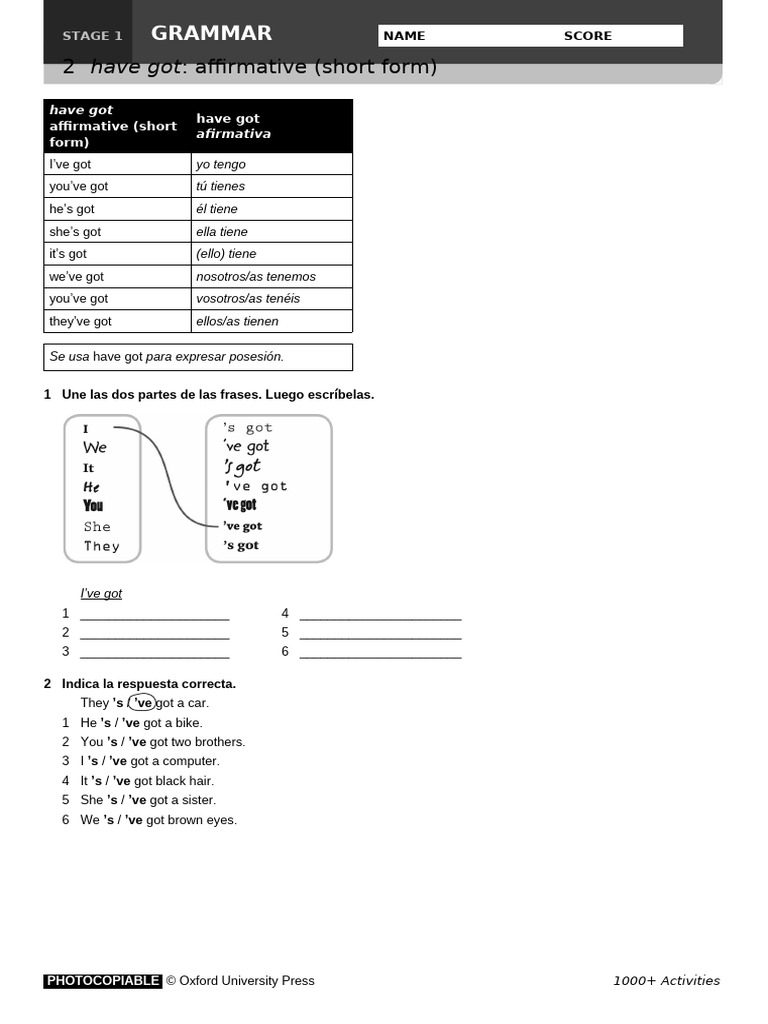 Stage - 1 - 2 Have - Got - Affirmative - Short - Form | PDF
