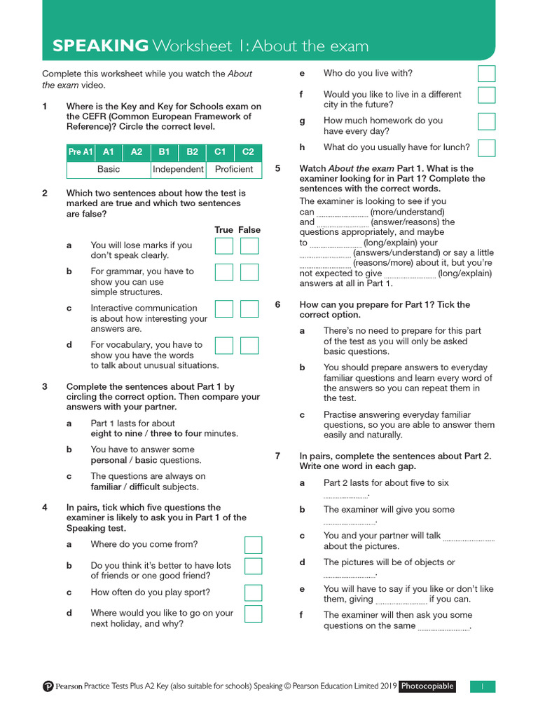 PTP A2 Key Speaking Worksheets | PDF | Language Arts & Discipline