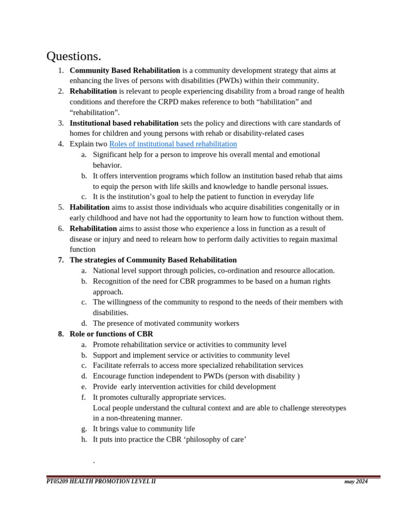 Question Paper 3 Health Promotion II | PDF | Physical Therapy | Disability