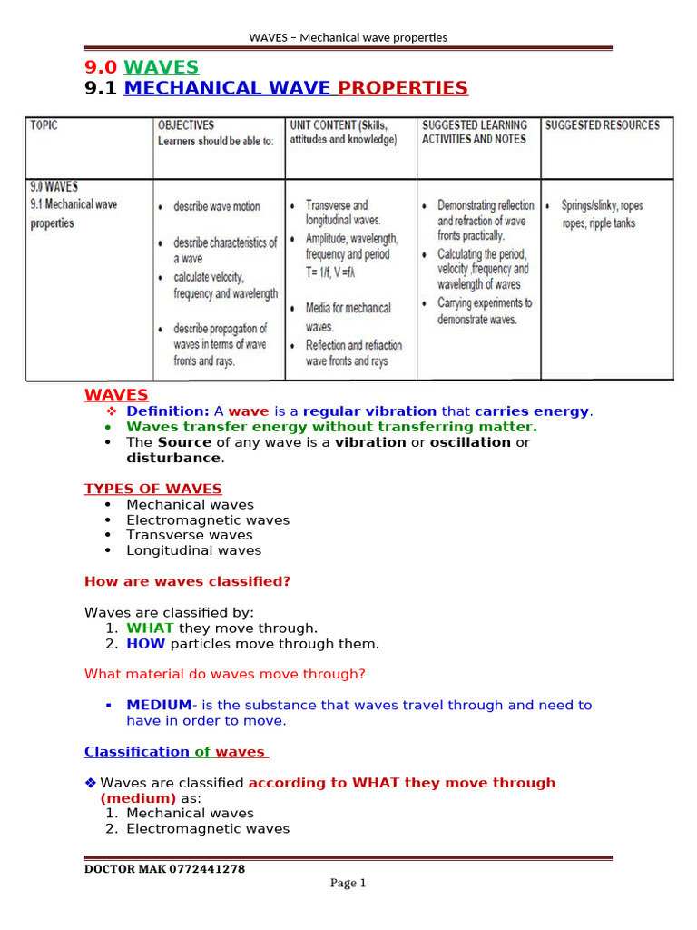 9-1 Mechanical Wave Properties My NC Notes | PDF | Waves | Refraction