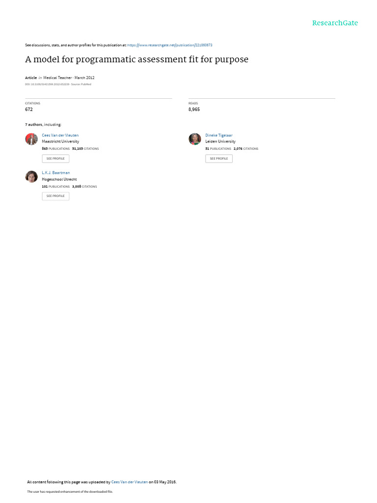 A Model For Programmatic Assessment Fit For Purpose: Medical Teacher ...