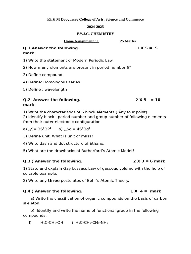 Home assignment -1 Chemistry FYJC -2024 -25 | PDF