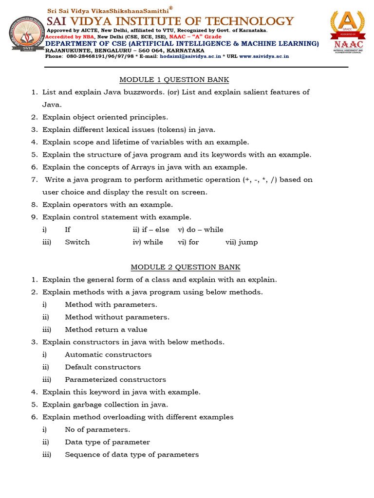 Module 1 & 2 Question Bank | PDF | Constructor (Object Oriented Programming) | Programming