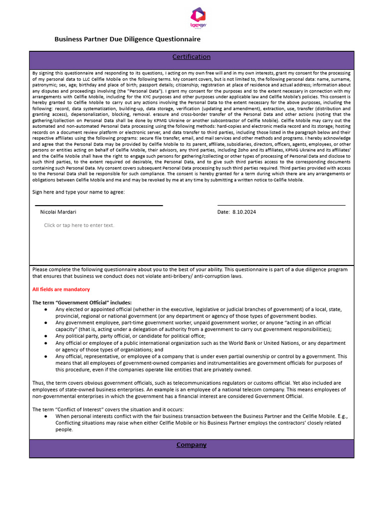 Due Diligence Questionnaire - 7code - EN | PDF | Employment | Business