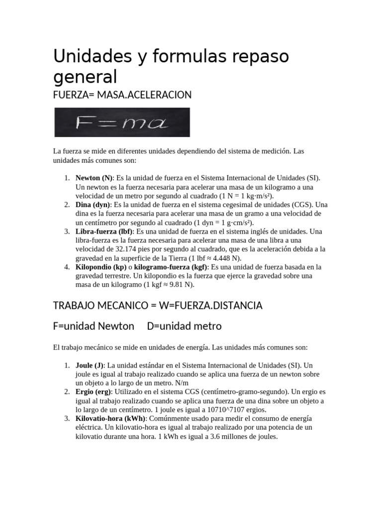 Unidades y Fórmulas de Fuerza y Energía | PDF | Vatio | Caballo de fuerza