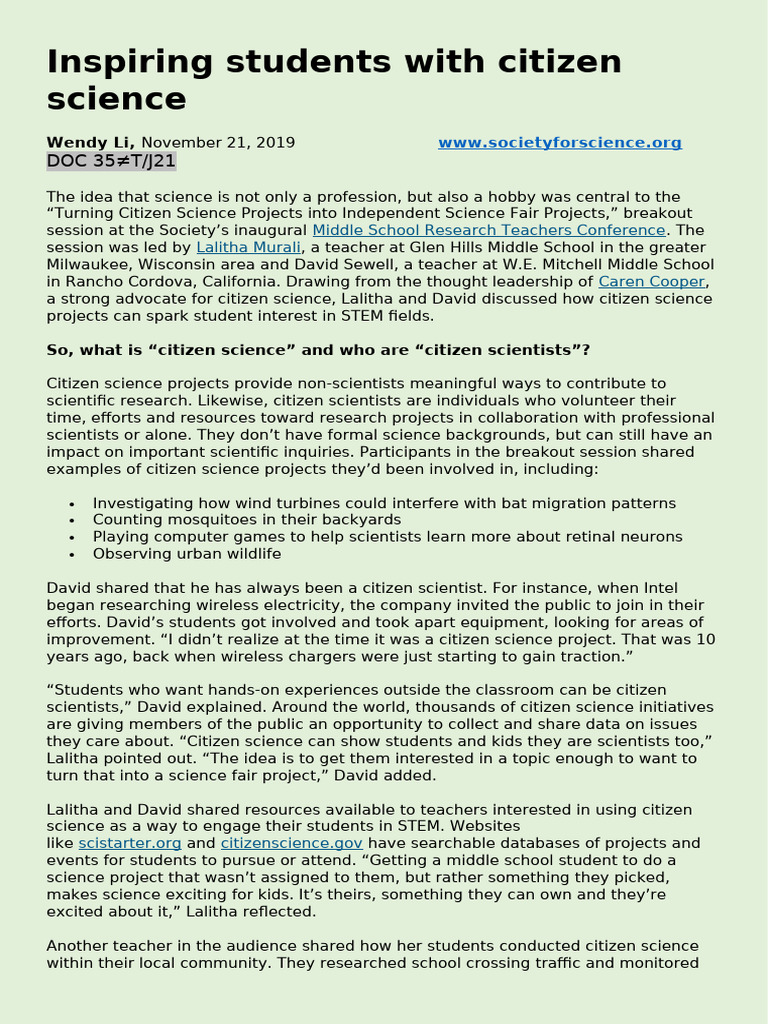 Inspiring Students With Citizen Science | PDF | Science | Inquiry
