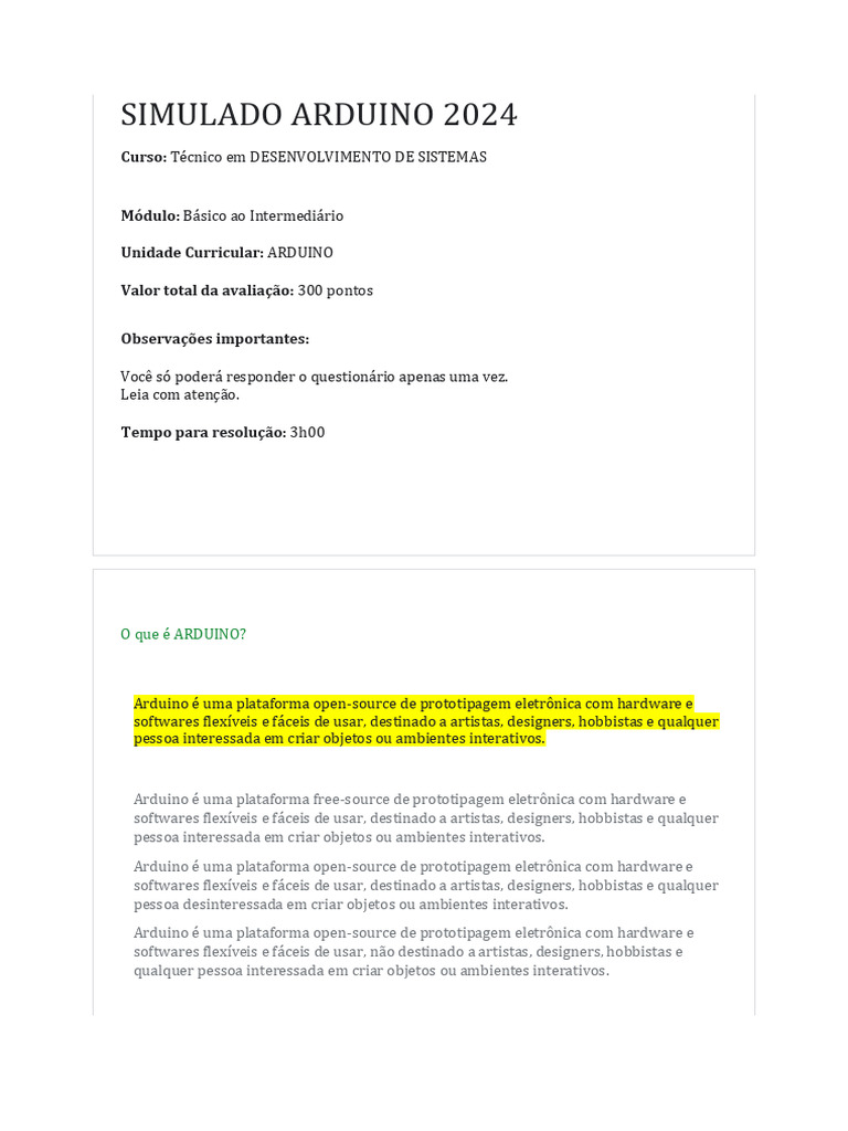 Simulado Arduino 2024 Respondido | PDF | Arduino | Diodo emissor de luz