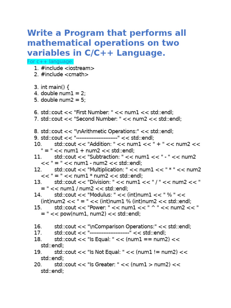For C ++write A Program That Performs All Mathematical Operations On Two Variables in C++ | PDF