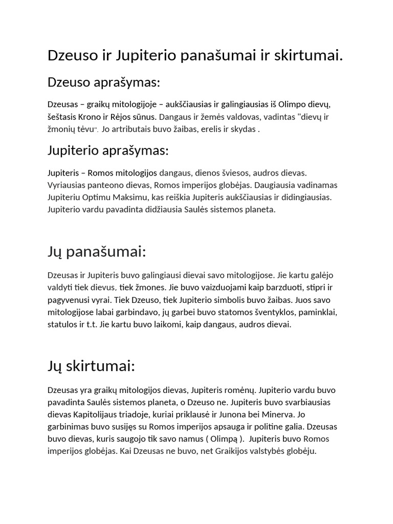 Dzeuso Ir Jupiterio Panašumai Ir Skirtumai | PDF