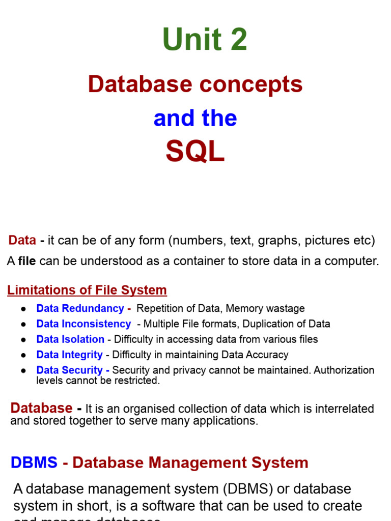 Unit 2 - DATABASE CONCEPTS AND SQL 2 | PDF | Relational Database | Sql