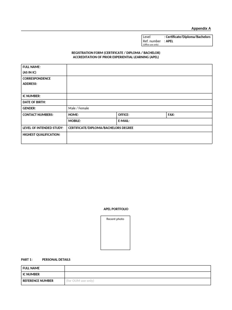 APEL Portfolio Registration Form | PDF