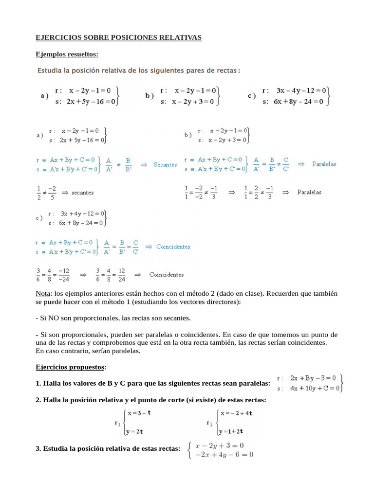 Ejercicios de posiciones relativas y distancias | PDF