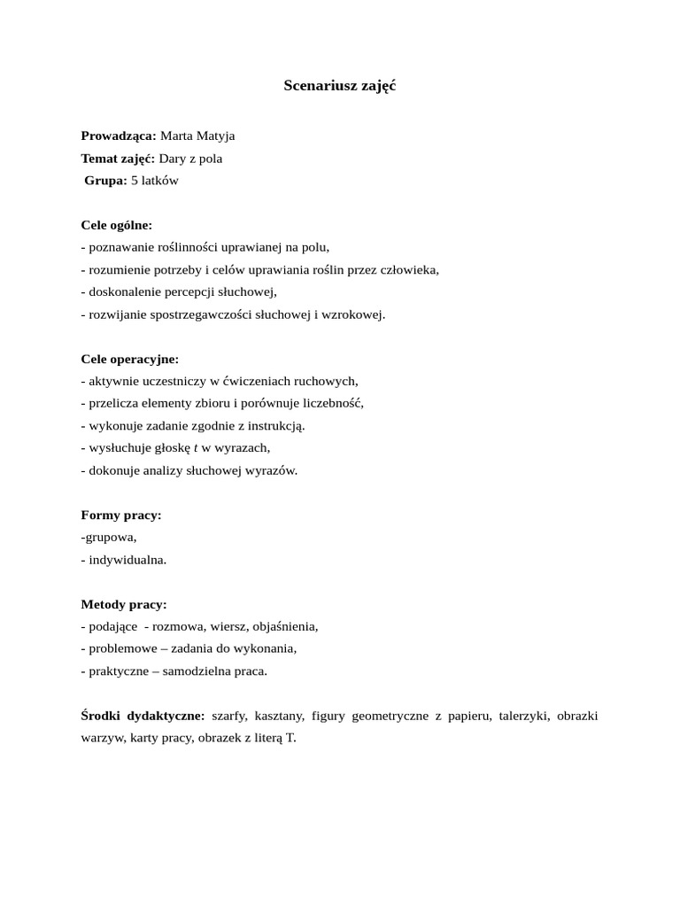 Scenariusz Zajęć | PDF