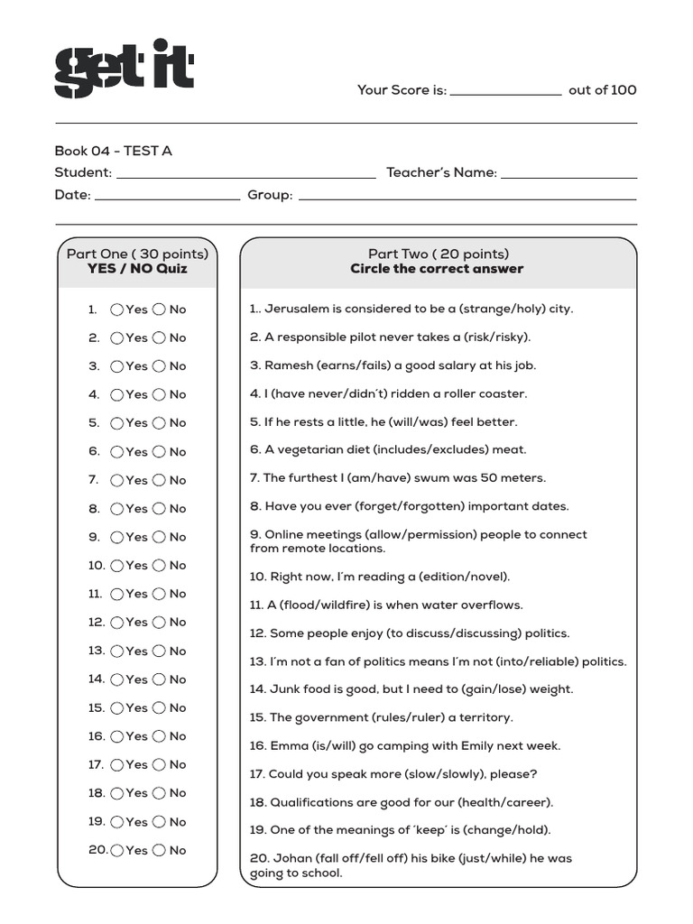 Test 4A Get It - Adult Student | PDF