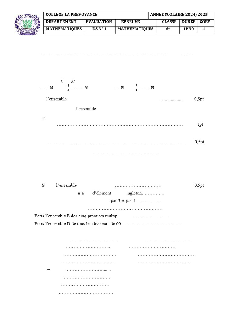 Évaluation Maths 6ème Primaire 2024 | PDF | Mathématiques élémentaires ...