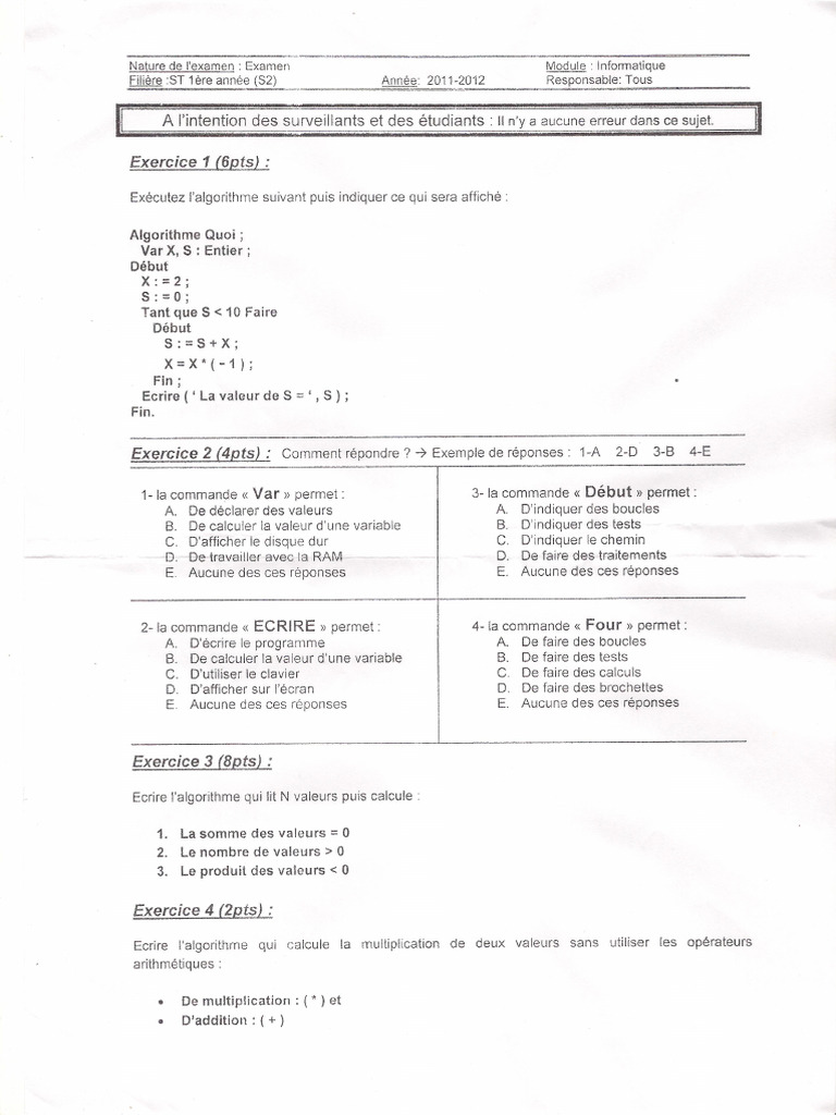 Examen Informatique - Algorithmique | PDF