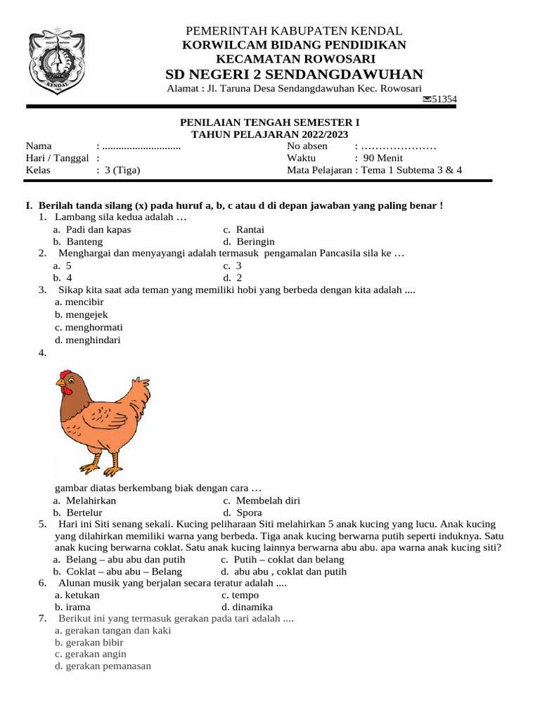 Soal PTS Kelas 3 Tema 1 Sub 2&3 | PDF