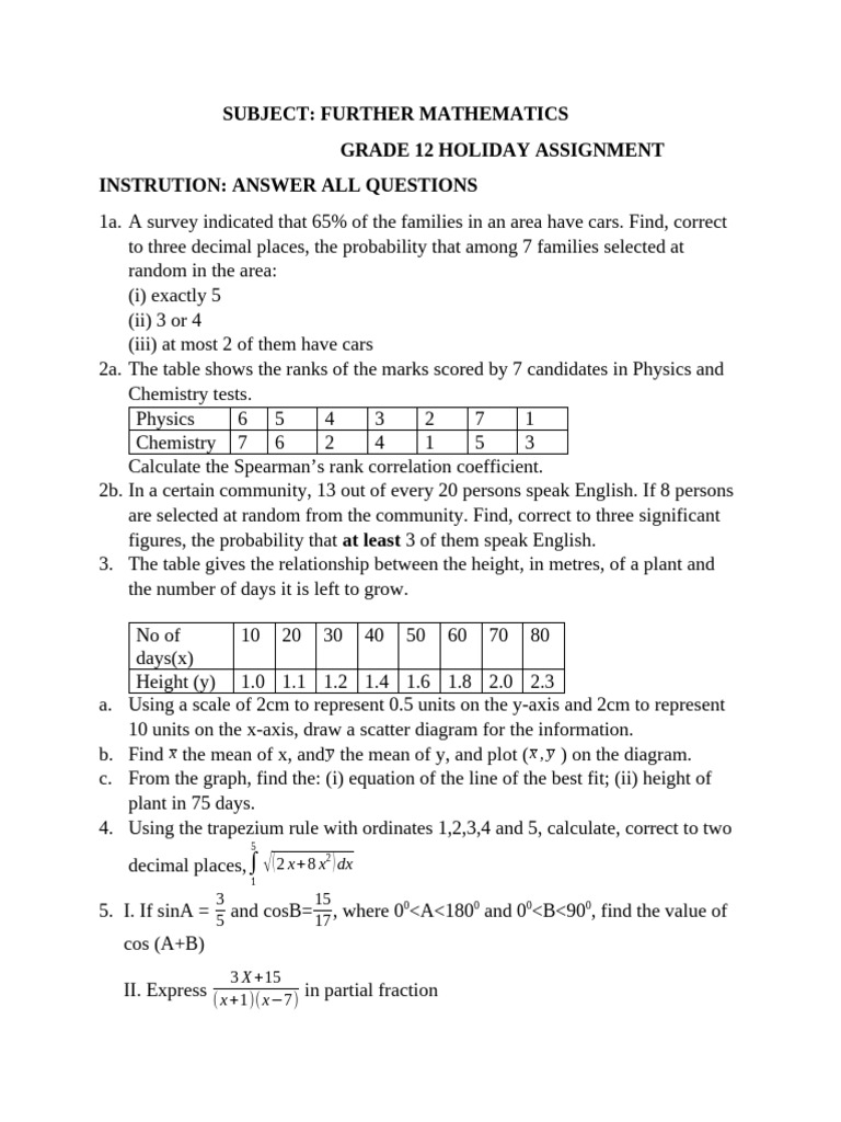 Grade 12 Holiday Assignment-1 | PDF | Mathematics