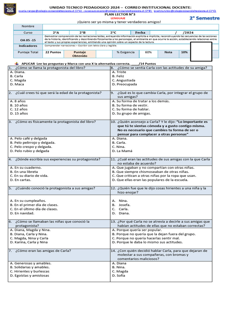 Quiero Ser Yo Misma: Plan Lector 2° Grado | PDF