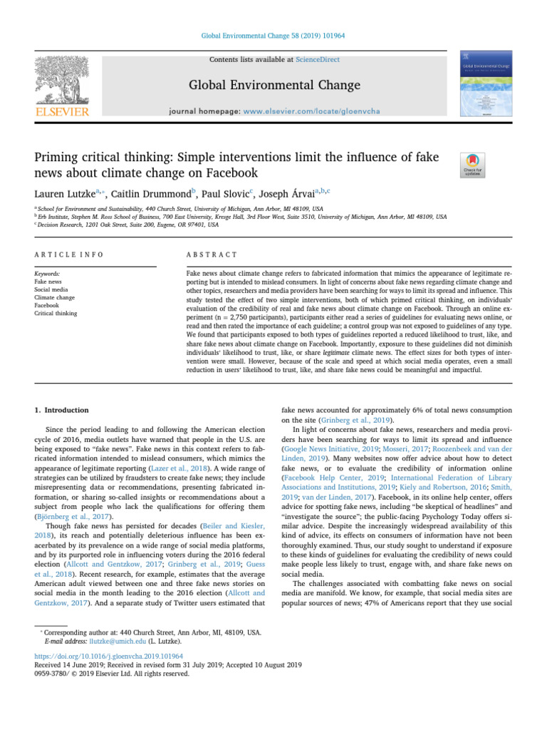 Priming Critical Thinking. Simple Interventions Limit The Influence of Fake News About Climate ...