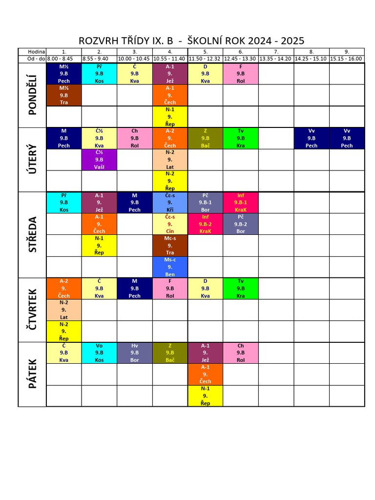Rozvrh 9 B 2024 2025 | PDF