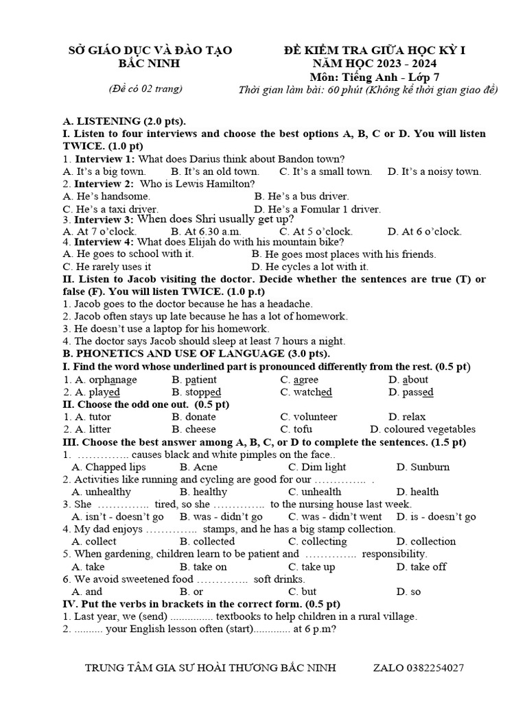 Anh 7 GKI 2023-2024 (ĐỀ + Đ.AN) | PDF | Linguistics