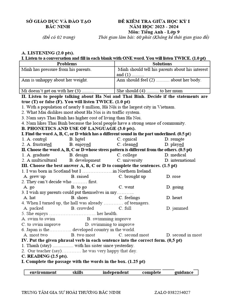 Anh 9 GK1 2023-2024 (ĐỀ + Đ.AN) | PDF | Hanoi | Cost Of Living
