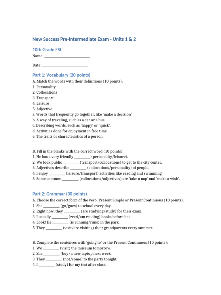 ESL Exam for 10th Graders | PDF | Linguistics | Grammar