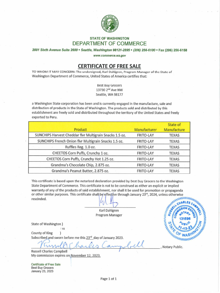 (Req-10) CERT FREE SALE PERU - PERUVIAN POWER FOODS - TAKIS + FRITO LAY | PDF